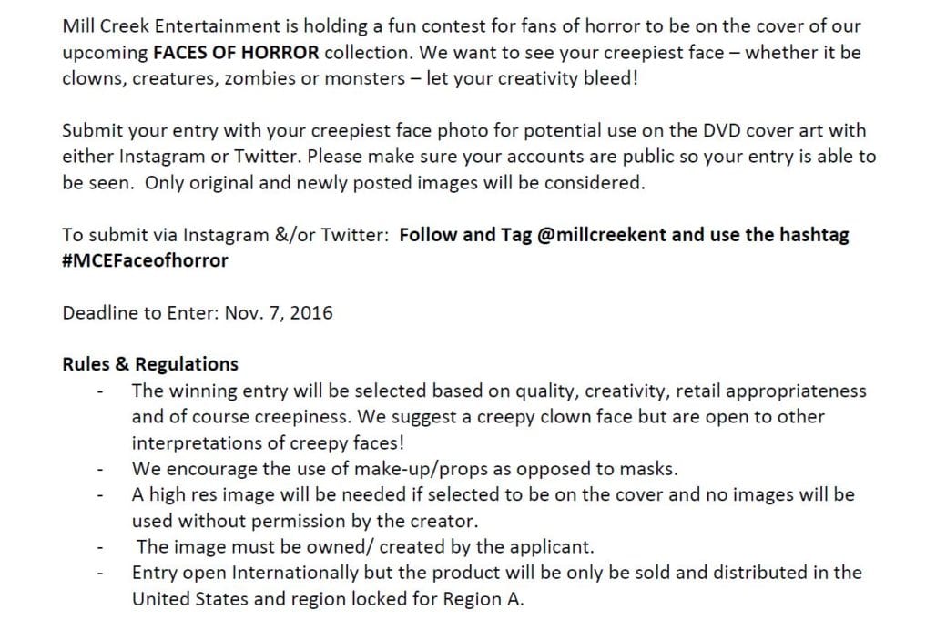 Mill Creek Entertainments Wants You to be one of the Faces of Horror ...